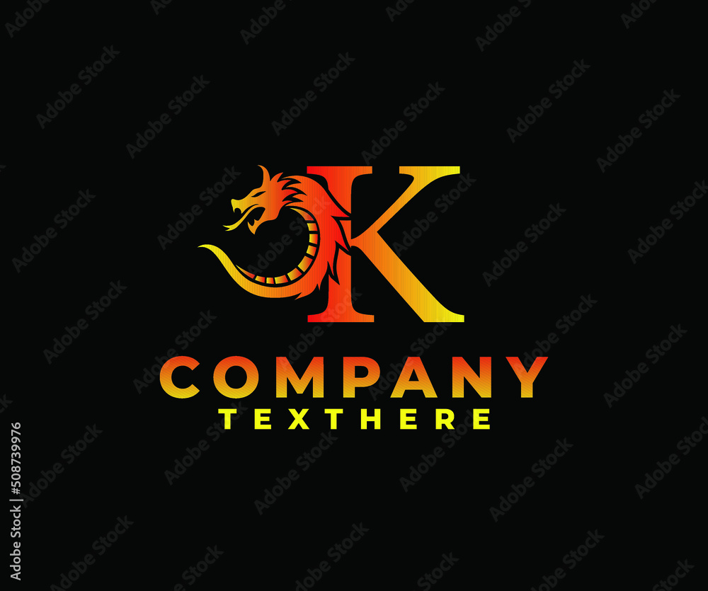 letter K logo icon with dragon design vector-fire color black ...