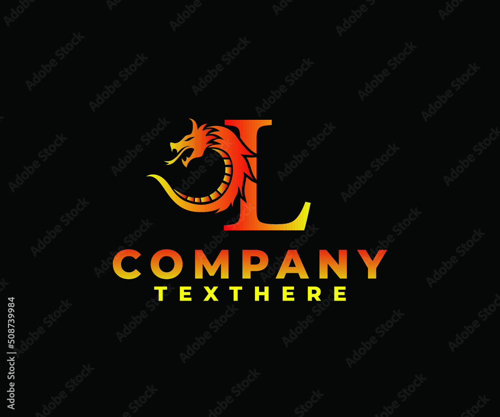 letter L logo icon with dragon design vector-fire color black ...