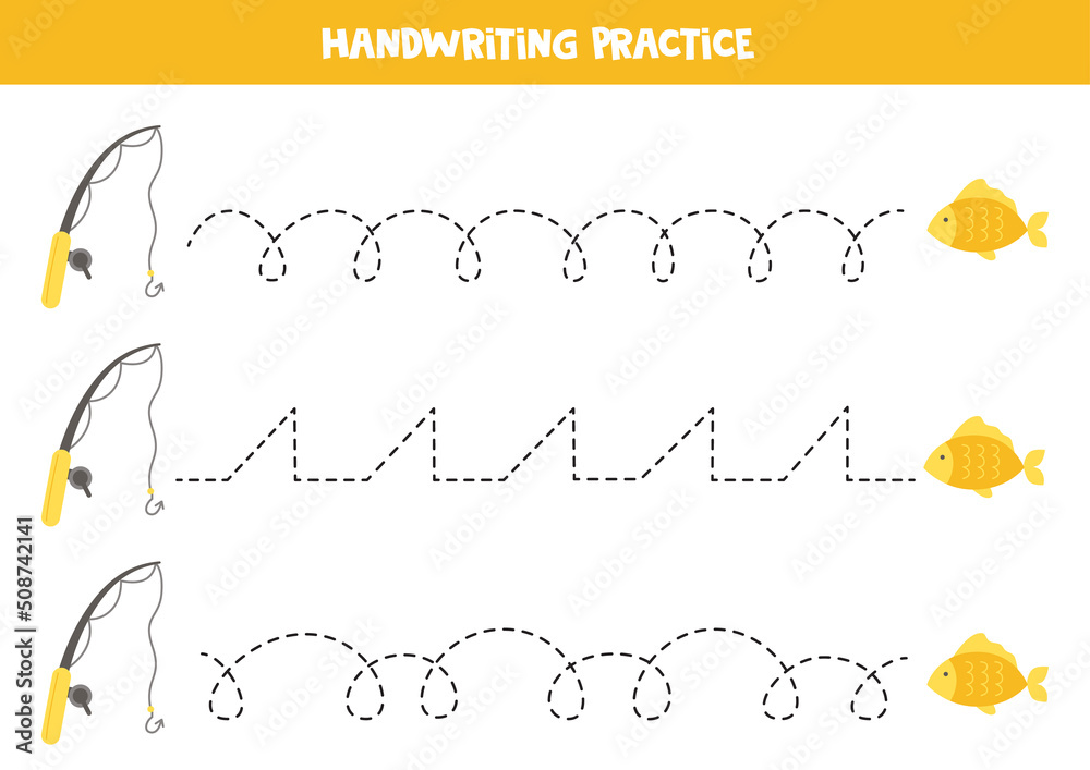 Tracing lines for kids. Fishing rod and fish. Writing practice. Stock ...