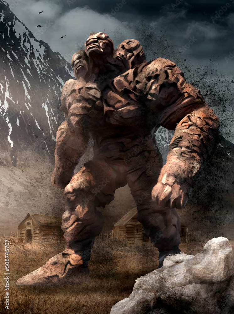 A huge earthen golem with three heads and large arms passes by ...
