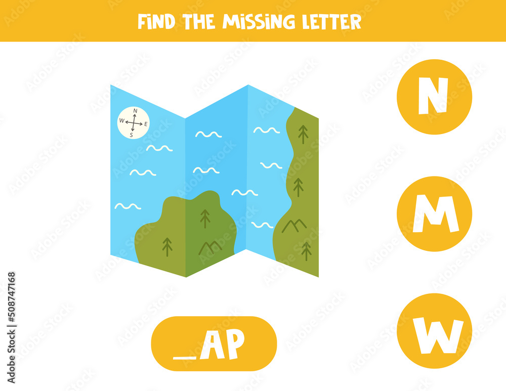 Find missing letter with cartoon map. Spelling worksheet. Stock Vector ...