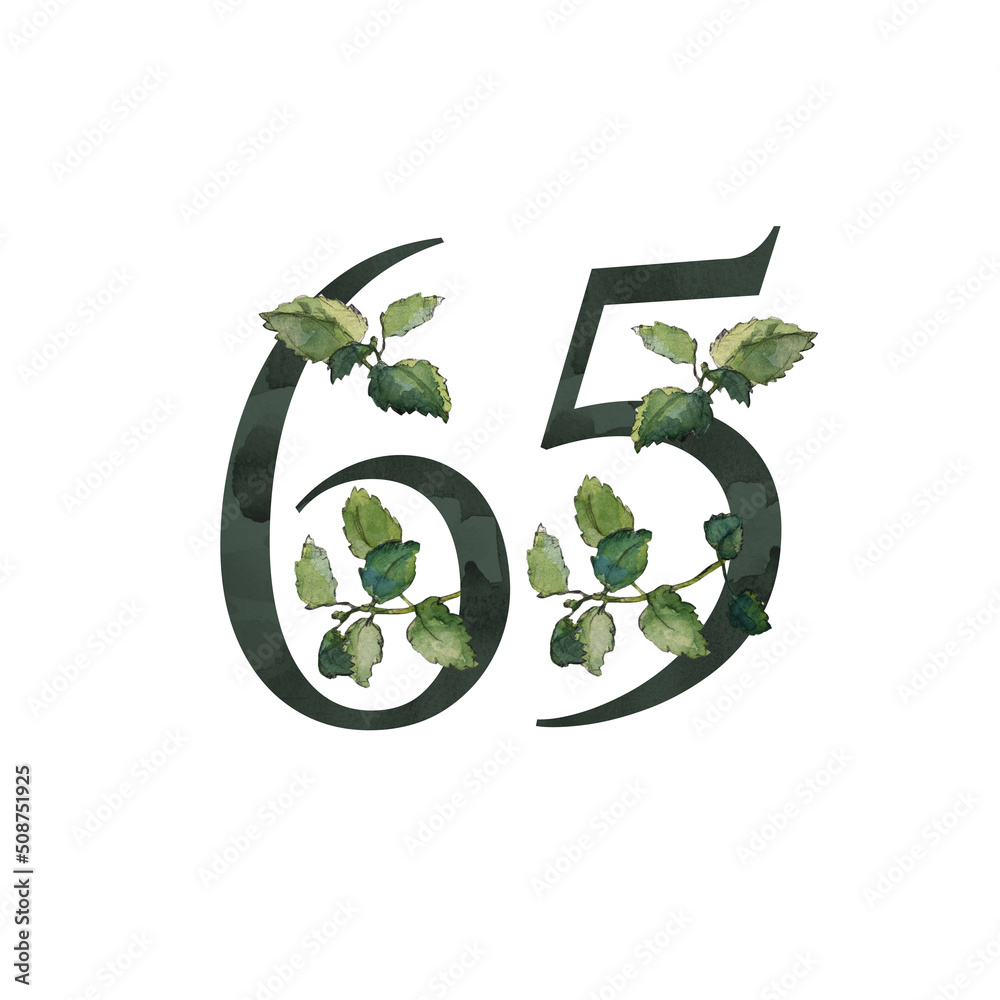 Dark green decorative floral alphabet - number Sixty five (65) symbol ...