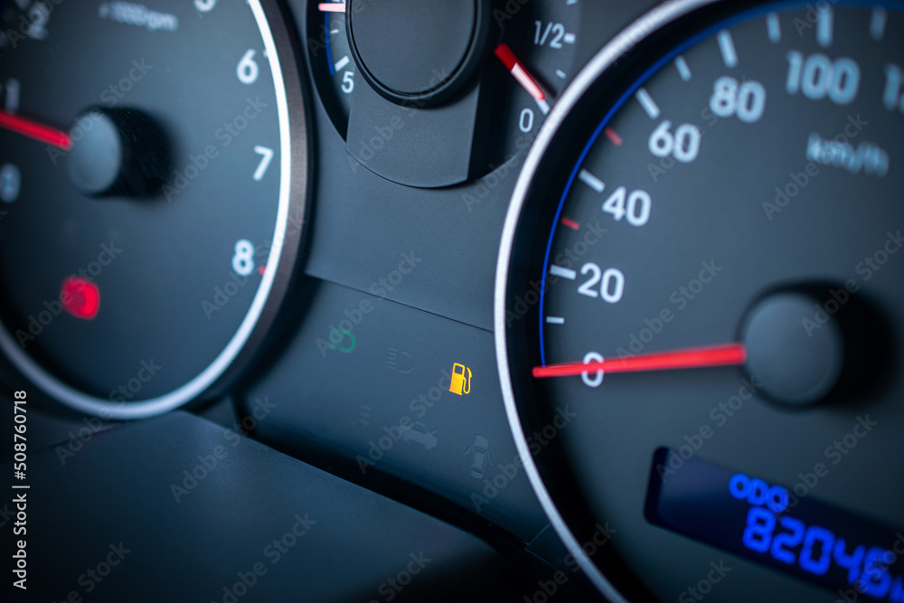 Fuel gauge gas empty. Car tank low petrol meter indicator on dashboard ...