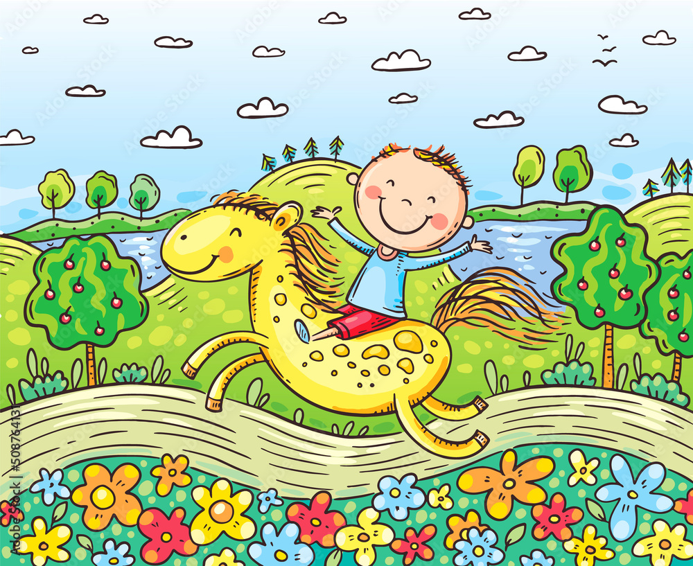 Cartoon illustration of a kid riding horse Stock Vector | Adobe Stock