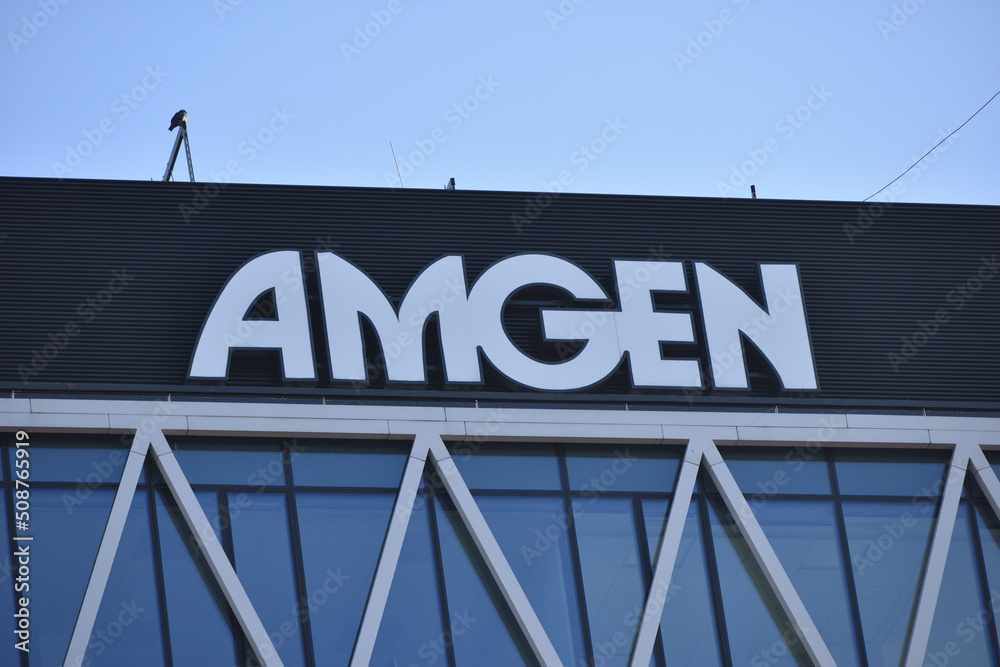 Amgen signage, logo on the facade American multinational ...
