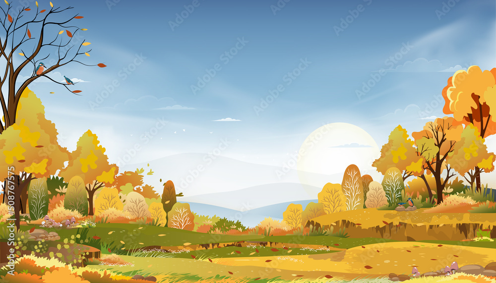 Autumn rural landscape in evening light with sunset, blue and pink sky ...