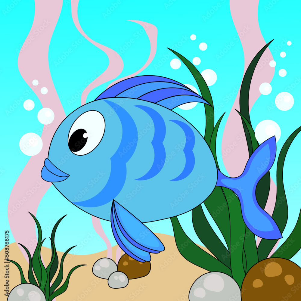 Cartoon fish swimming at the bottom of the sea among algae and corals ...