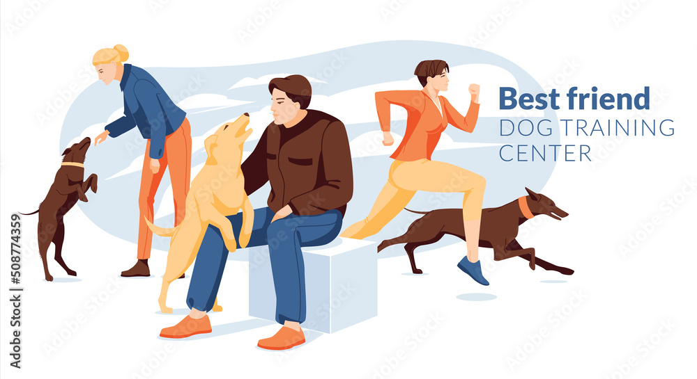 Dog owners. Dog training center. Individual characters on a white ...