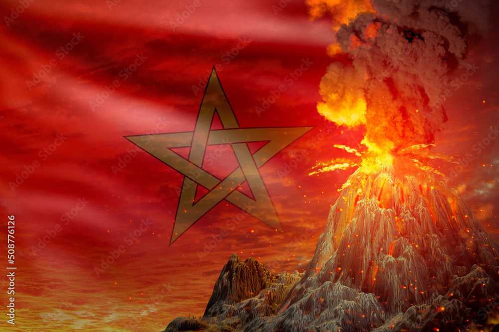 high volcano blast eruption at night with explosion on Morocco flag ...