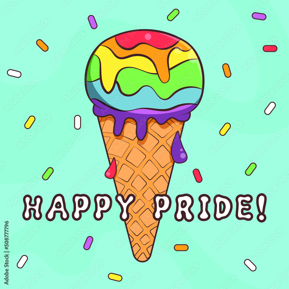 Rainbow ice cream with confetti isolated on blue background. LGBT ...