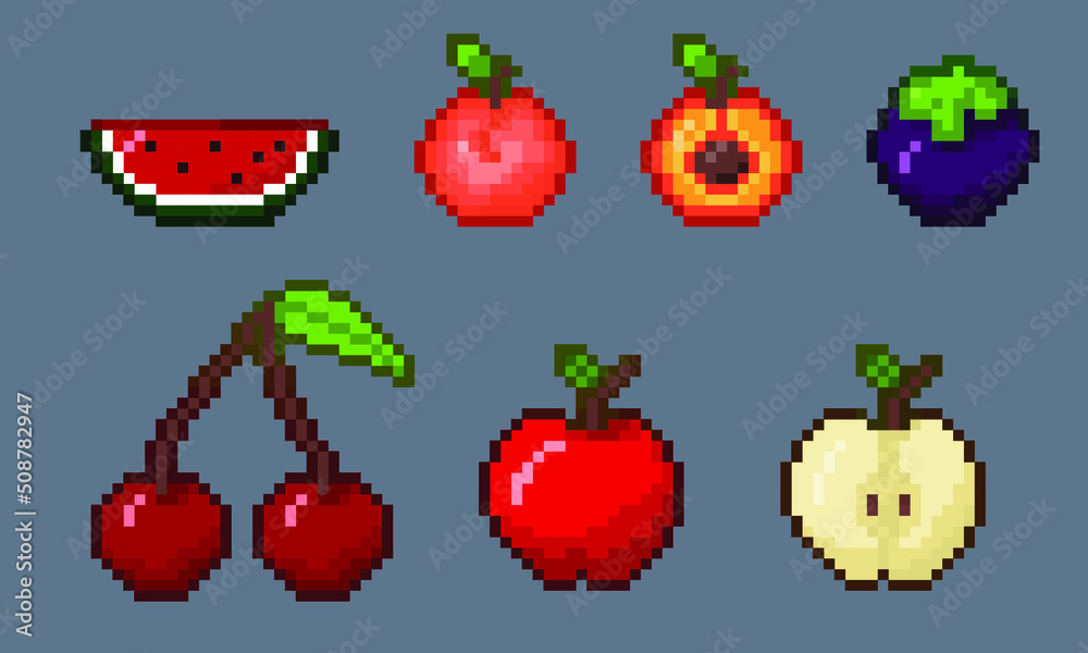 Pixel art fruit set, 8-bit fruits Stock Vector | Adobe Stock