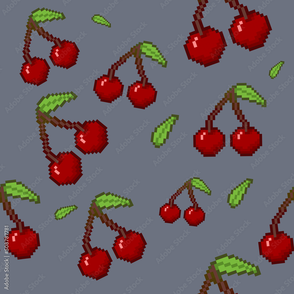 8-bit style cherry seamless pattern, pixel art fruits, retro game art ...