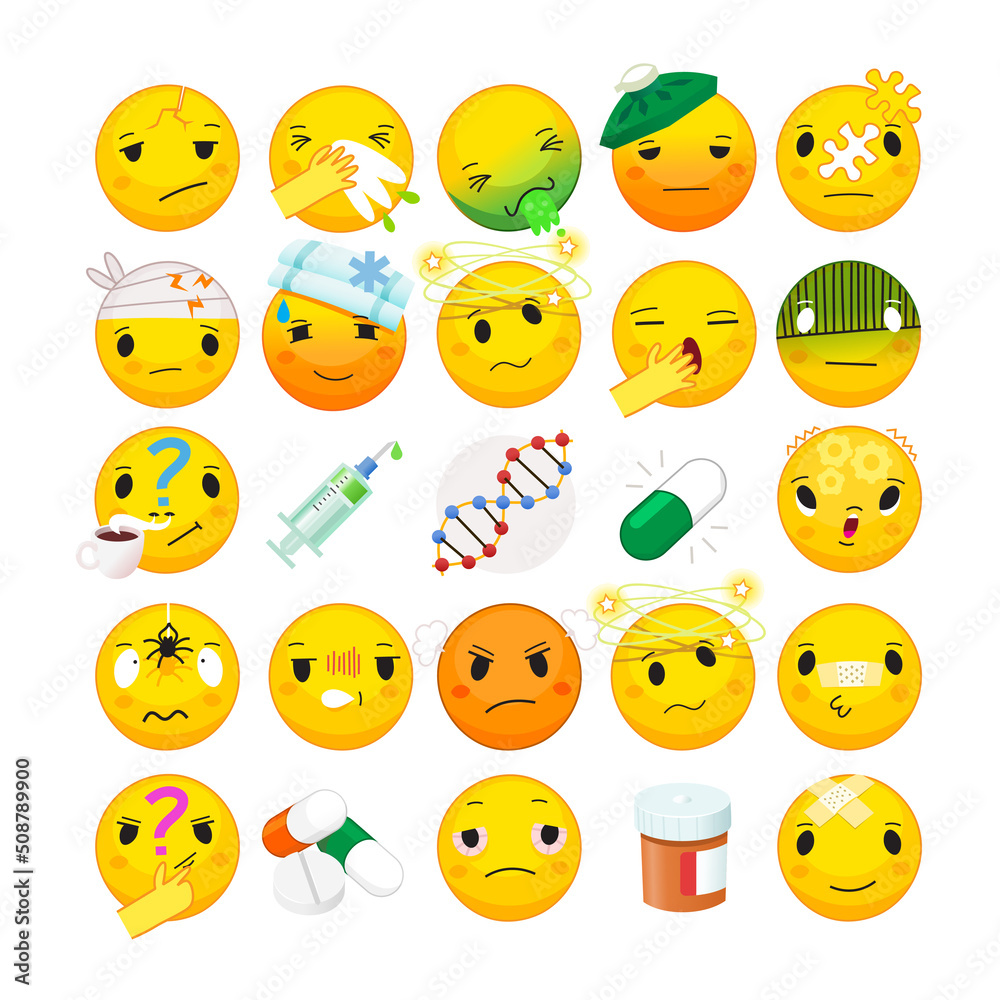Collection of health issues and illness symptoms emoticons. Health care ...