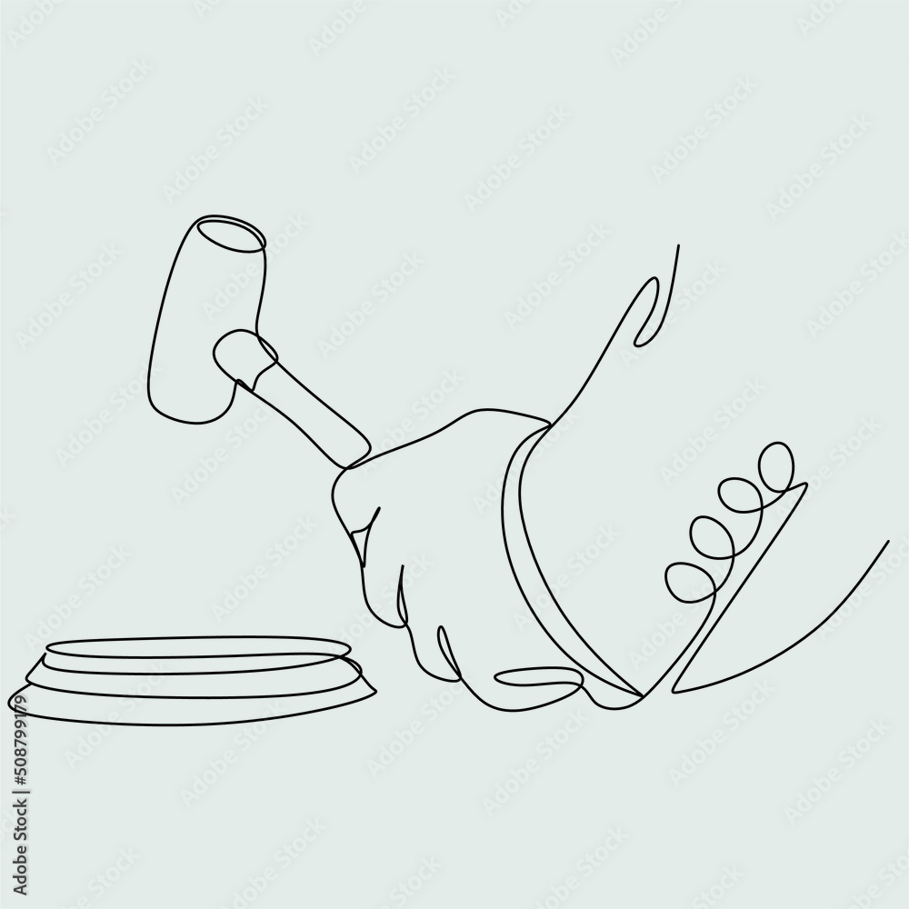 Continuous drawing of a judge gavel line on a black and white ...