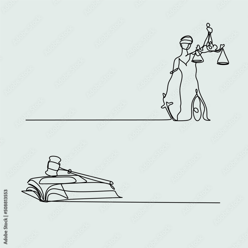 continuous line drawing of lady justice blindfolded and juge Stock ...