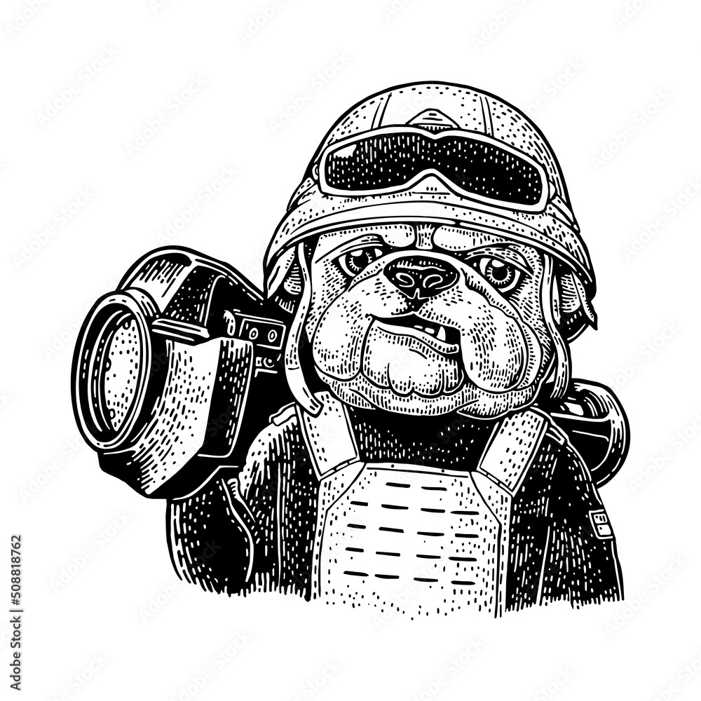 Dog soldier dressed in a helmet and body armor. Vector hand drawn black ...