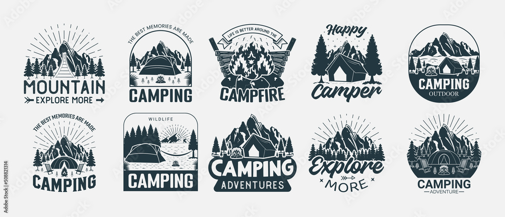 Set of camping lettering, adventure isolated hand drawn typography ...