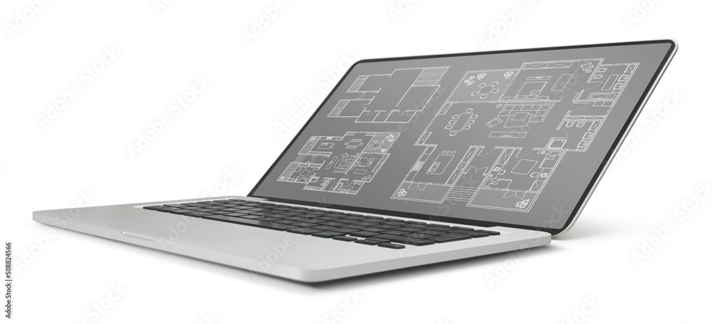 Close-up of open computer laptop with blueprint drawing of house ...