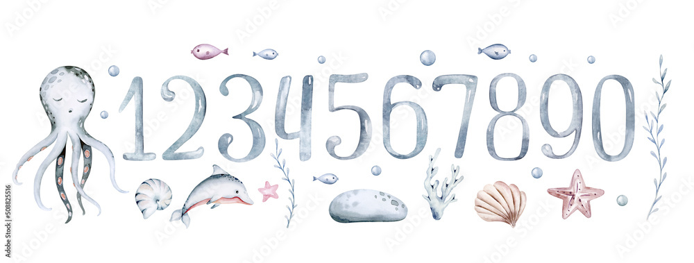 Set of sea figures and numbers for metrics, baby shower Blue watercolor ...