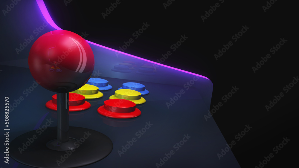 Joystick and game buttons of an arcade machine. A 3D rendering close up ...