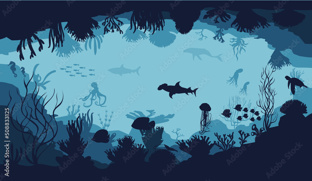 silhouette of coral reef with fish and divers on blue sea background ...