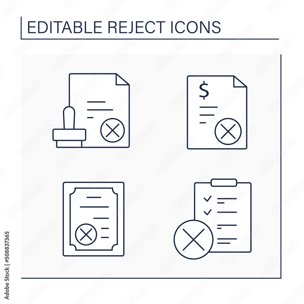 Rejection line icons set. Refuse to accept loan agreement. Certificate ...