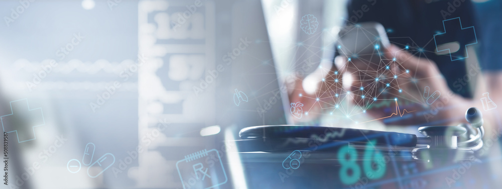 Medicine doctor working on computer laptop with medical network ...