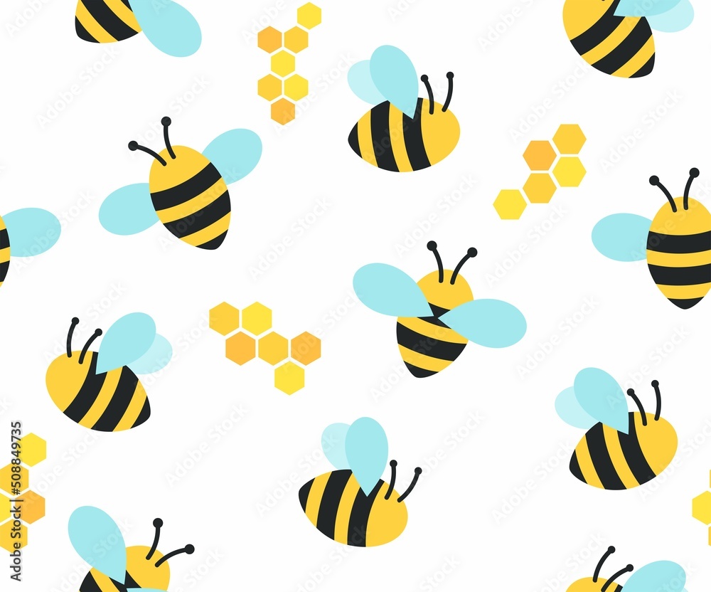 Bee pattern with cartoon bee characters, beehive and doodles. Seamless ...