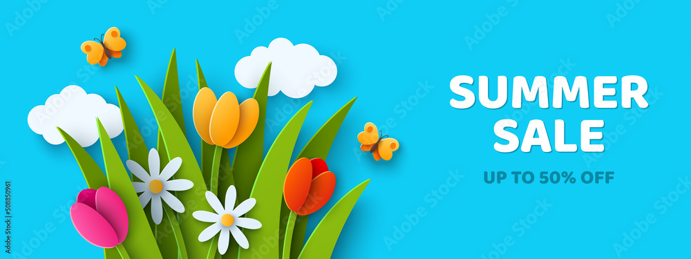 Summer sale poster, banner or voucher template, tulips daisy in grass ...