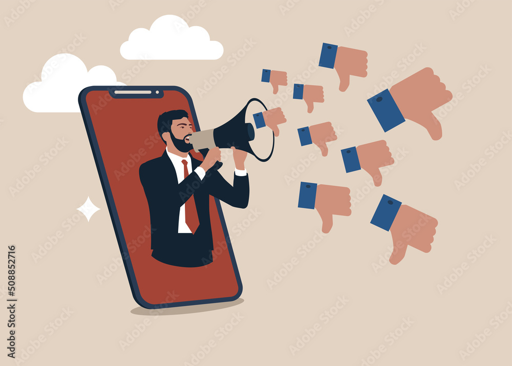 Furious man from smartphone shouting on megaphone with negative thumb ...