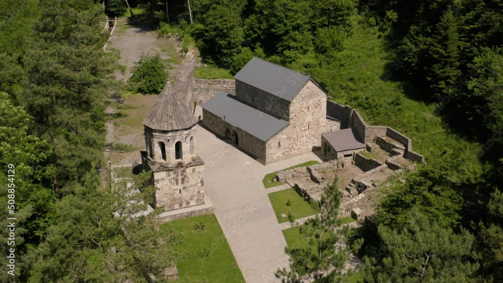 Mtsvane Monastery in Georgia. It is medieval complex in a forested ...
