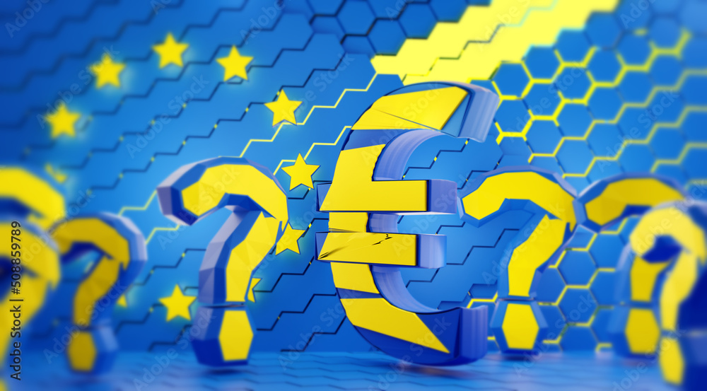 question marks and creative EUR Euro symbol and creative hexagonal flag ...