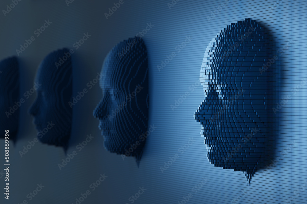 Human faces made up of blue cubes. Artificial intelligence concept. 3d ...