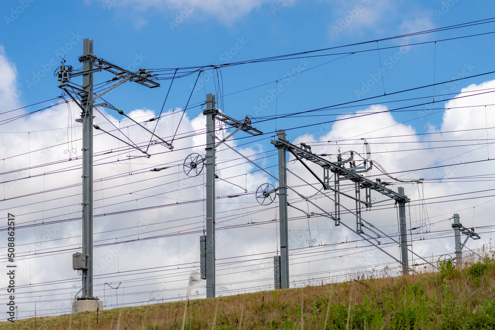 Electric railway train and power supply lines, High volt electrical ...