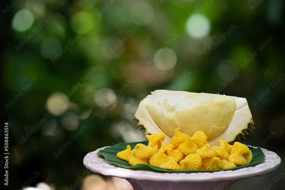Durian fruits and alua durian snack on nature background. Stock Photo ...