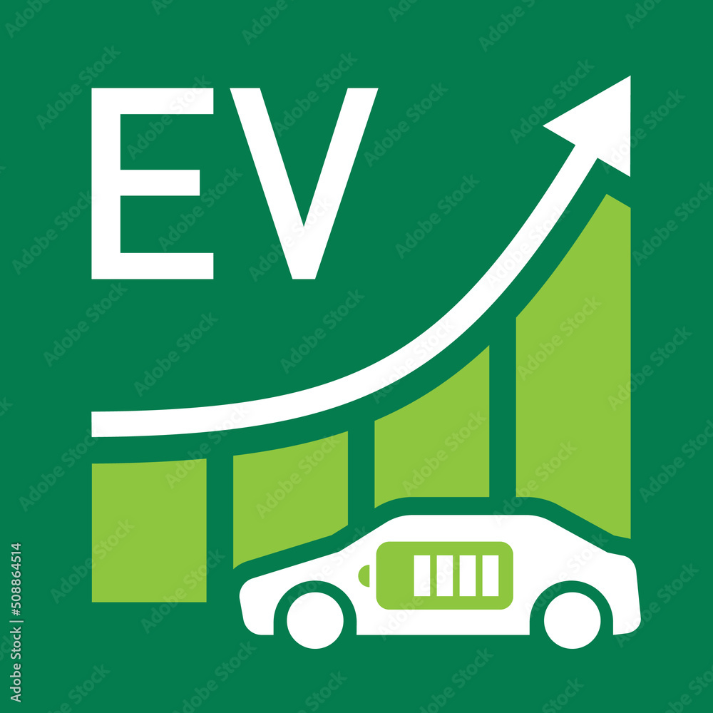 Electric car against the backdrop of a growing graph. Symbols of green ...