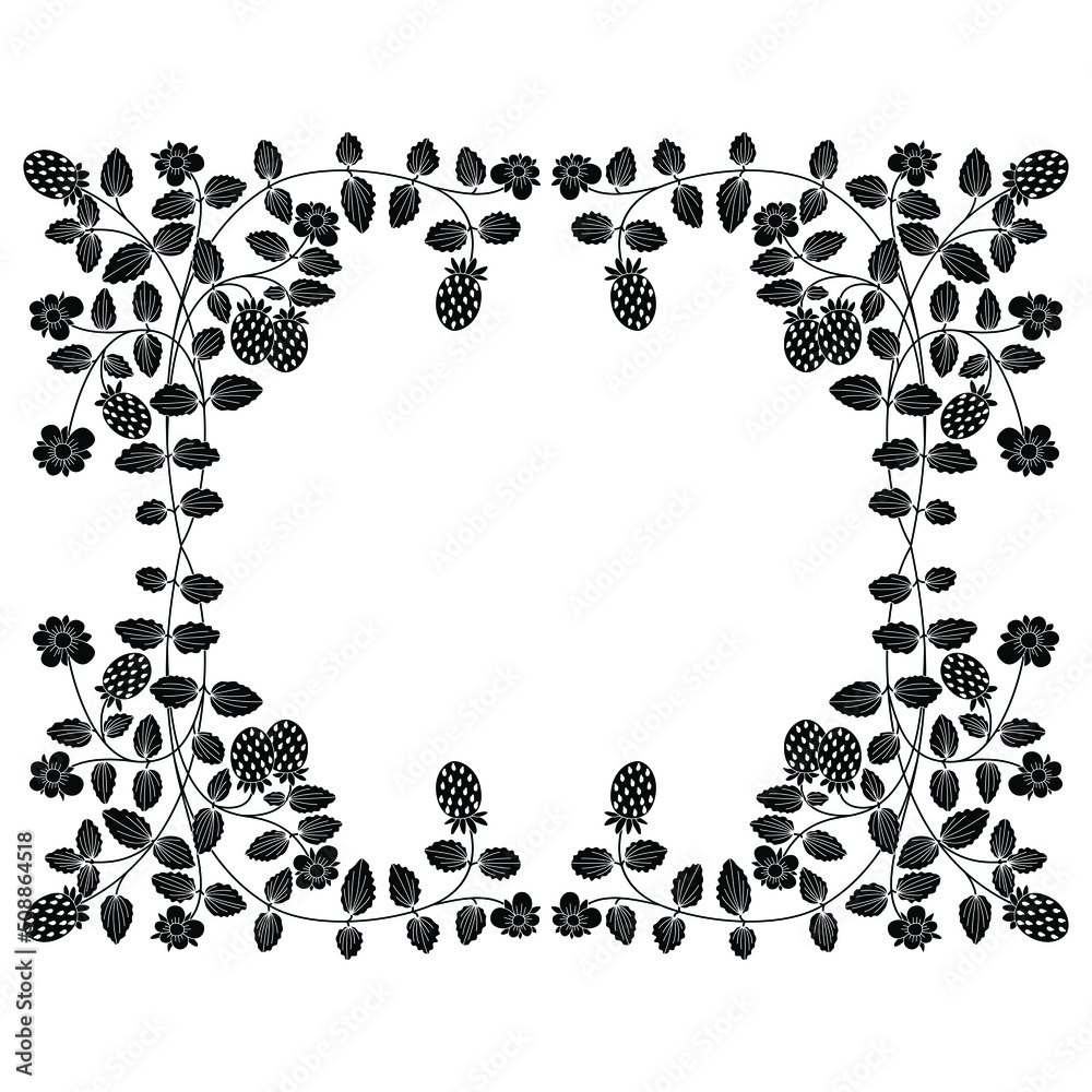 Rectangular botanical frame or background with branch of strawberry ...