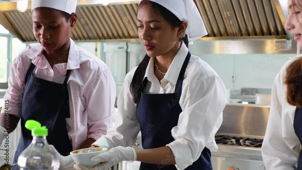 Group of student girl learning. Cooking class. culinary classroom ...