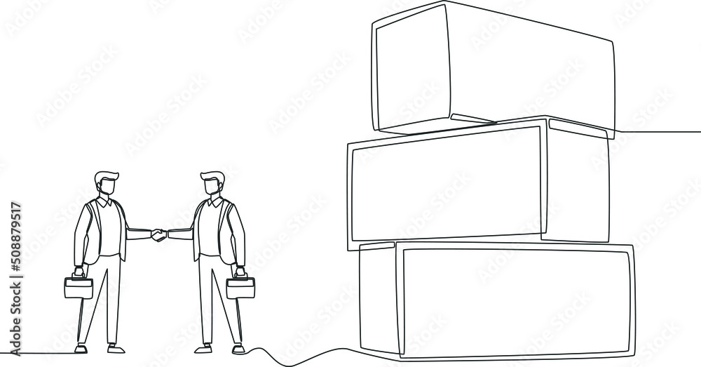 Single one line drawing two clients meet on the cargo container ...