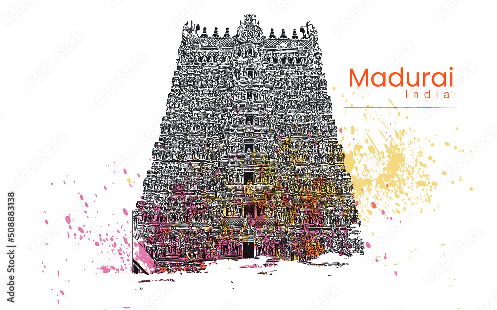 Poster Madruai Meenakshi Amman Temple vector hand drawing sketch ...
