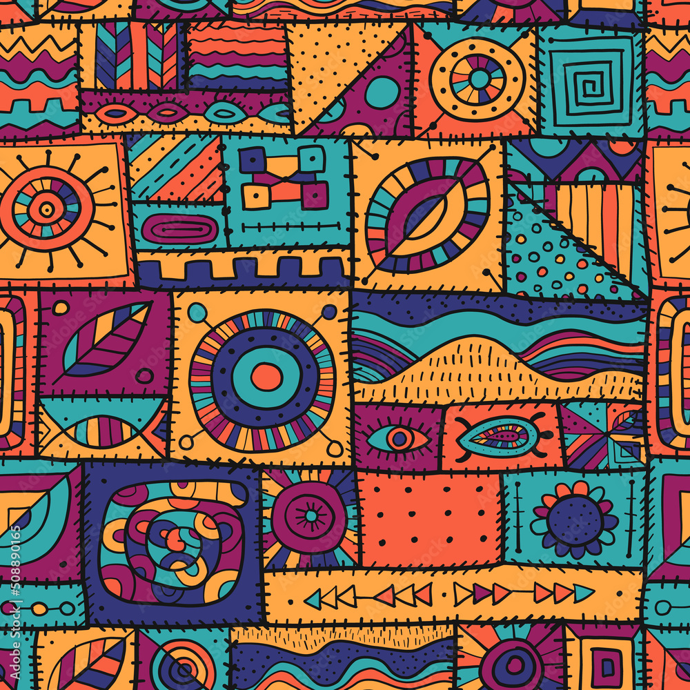 Sewn pieces of fabric in a patchwork style. Ethnic Ornament for your ...