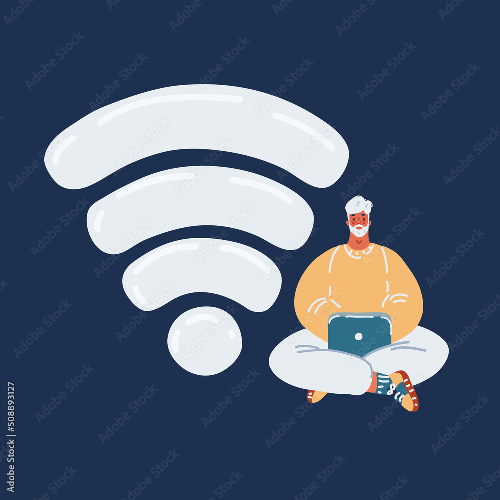 Cartoon vector illustration of man in free internet zone working on ...