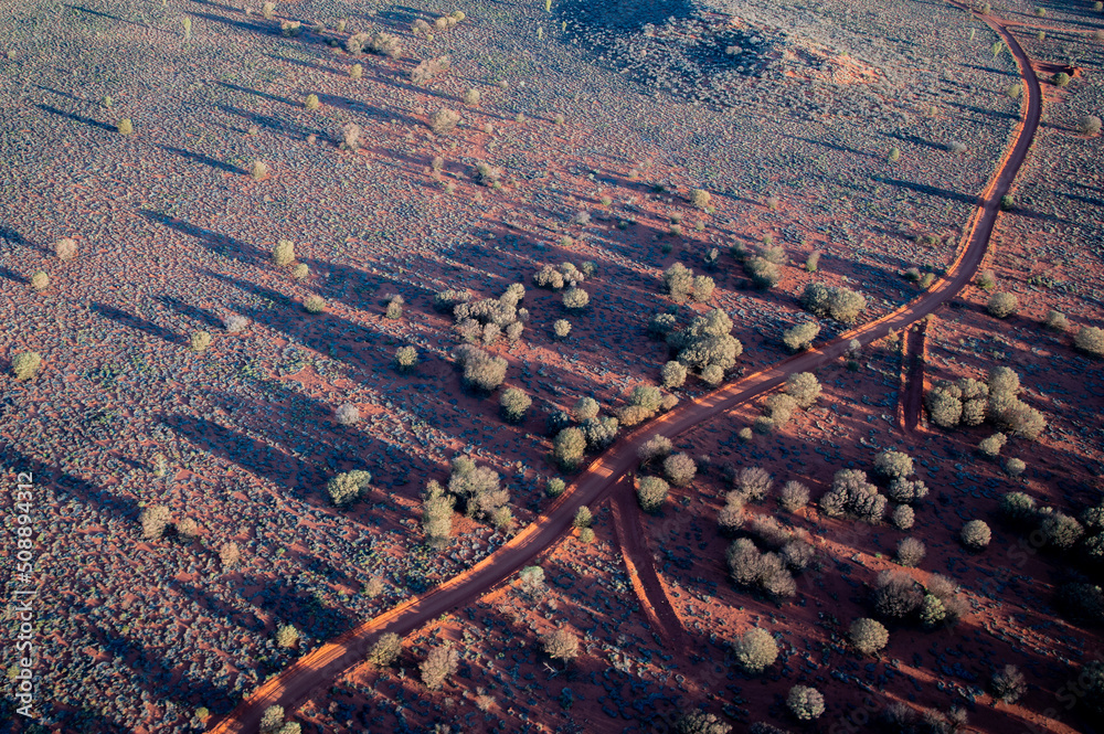 Ariel Landscape view of dirt road in aboriginal country, Northern ...