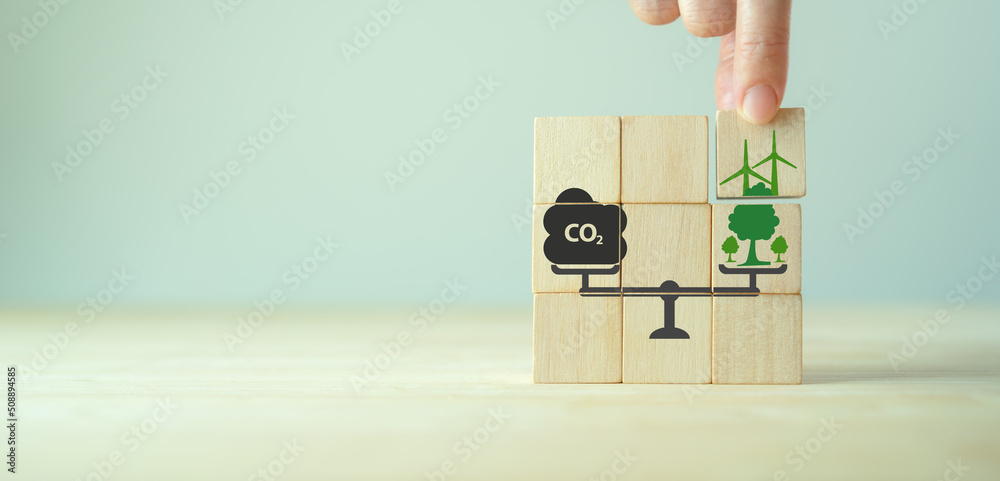 Carbon neutral balancing CO2 emission offset concept. Planting of trees ...