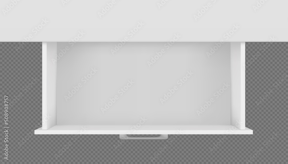 Top view of white empty open drawer of cabinet, cupboard or nightstand ...
