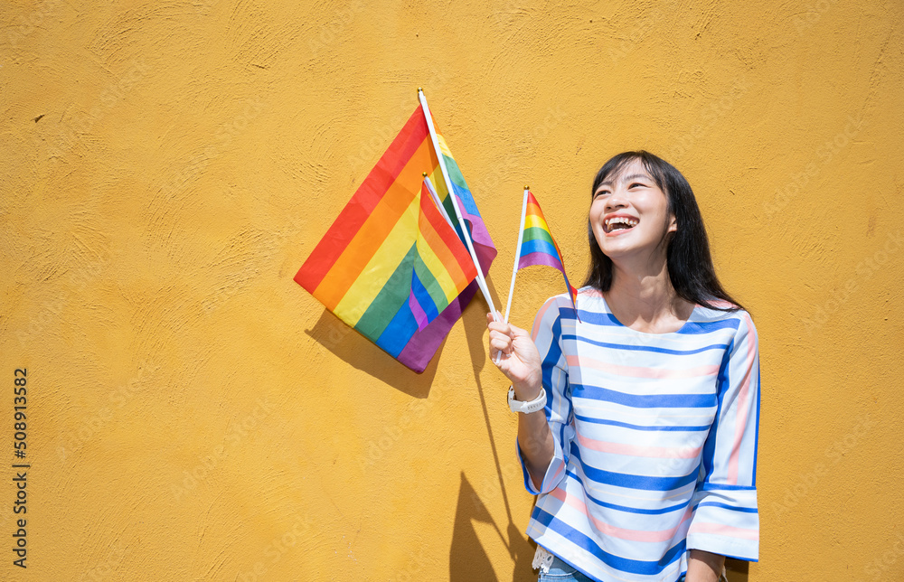 Diversity female group cheerful young group of women with rainbow flag ...
