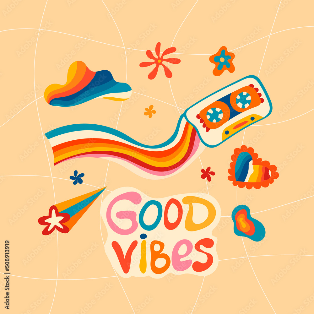 Groovy funky poster, stickers of the 70s. Retro poster with a slogan in ...