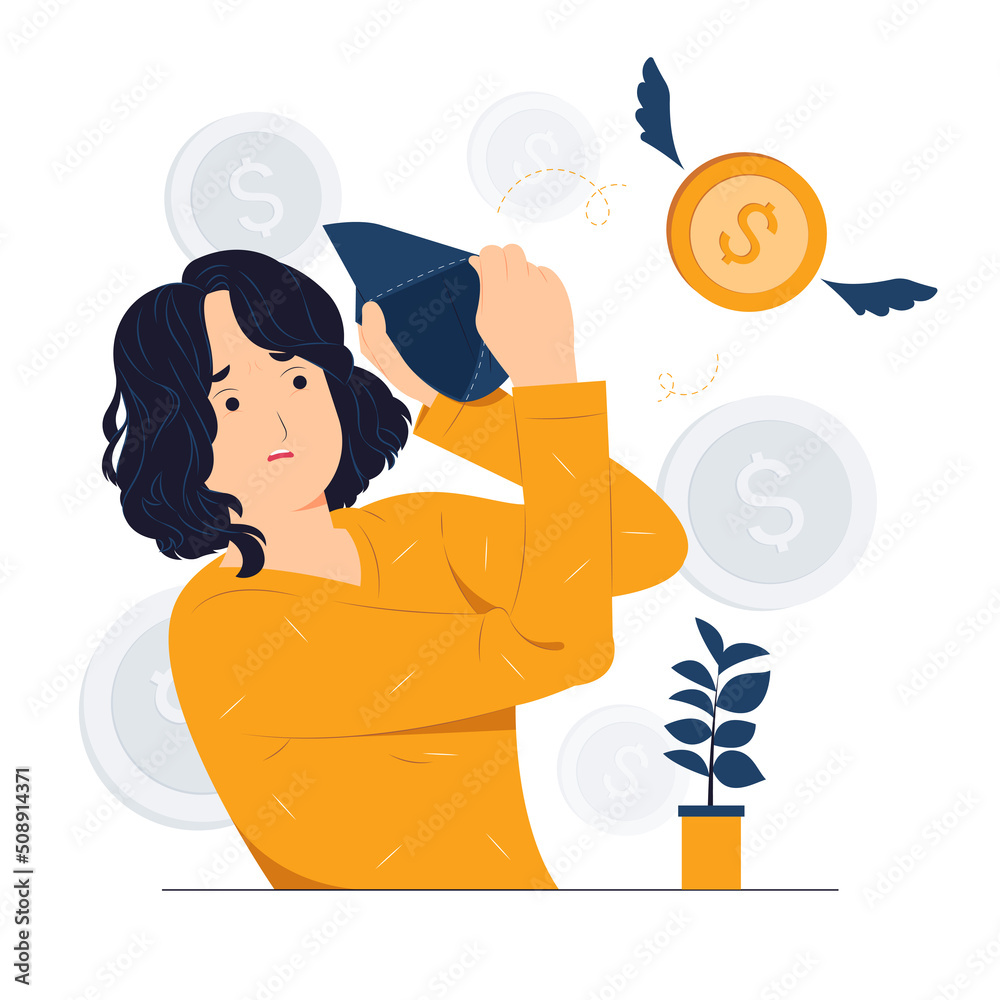 Concept illustration of Unhappy sad poor woman holding open empty ...