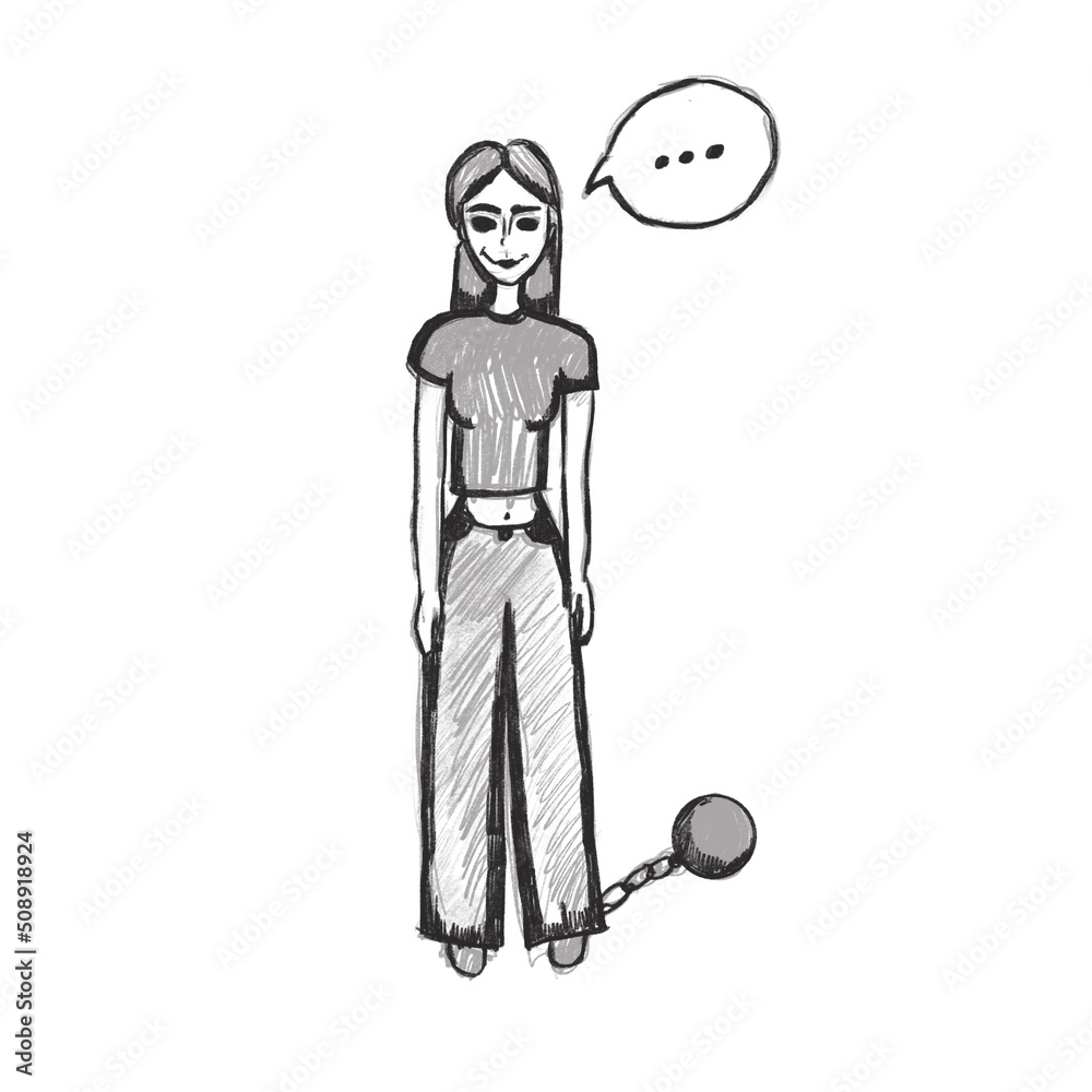ภาพประกอบสต็อก Girl in shackles, girl with a leg lock hand-drawn ...