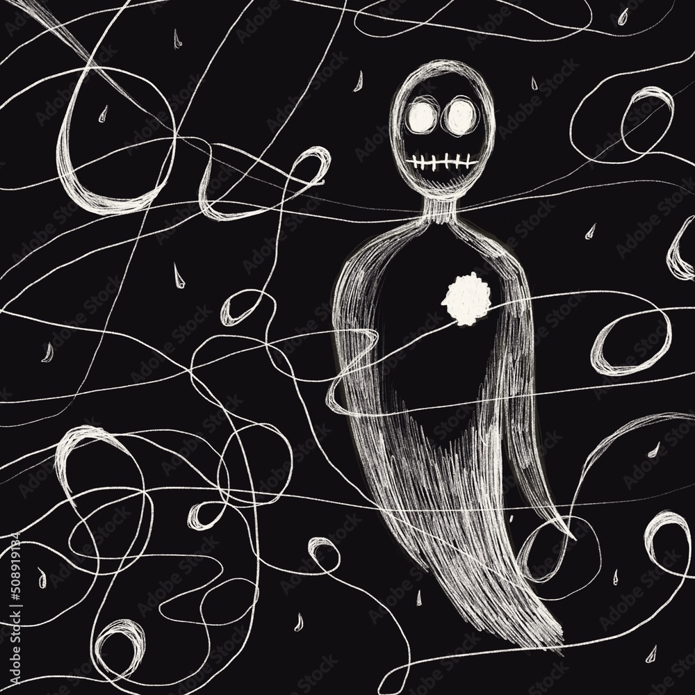 Ghost on black bg, state of mind, depression and character with hole in chest Stock Illustration ...